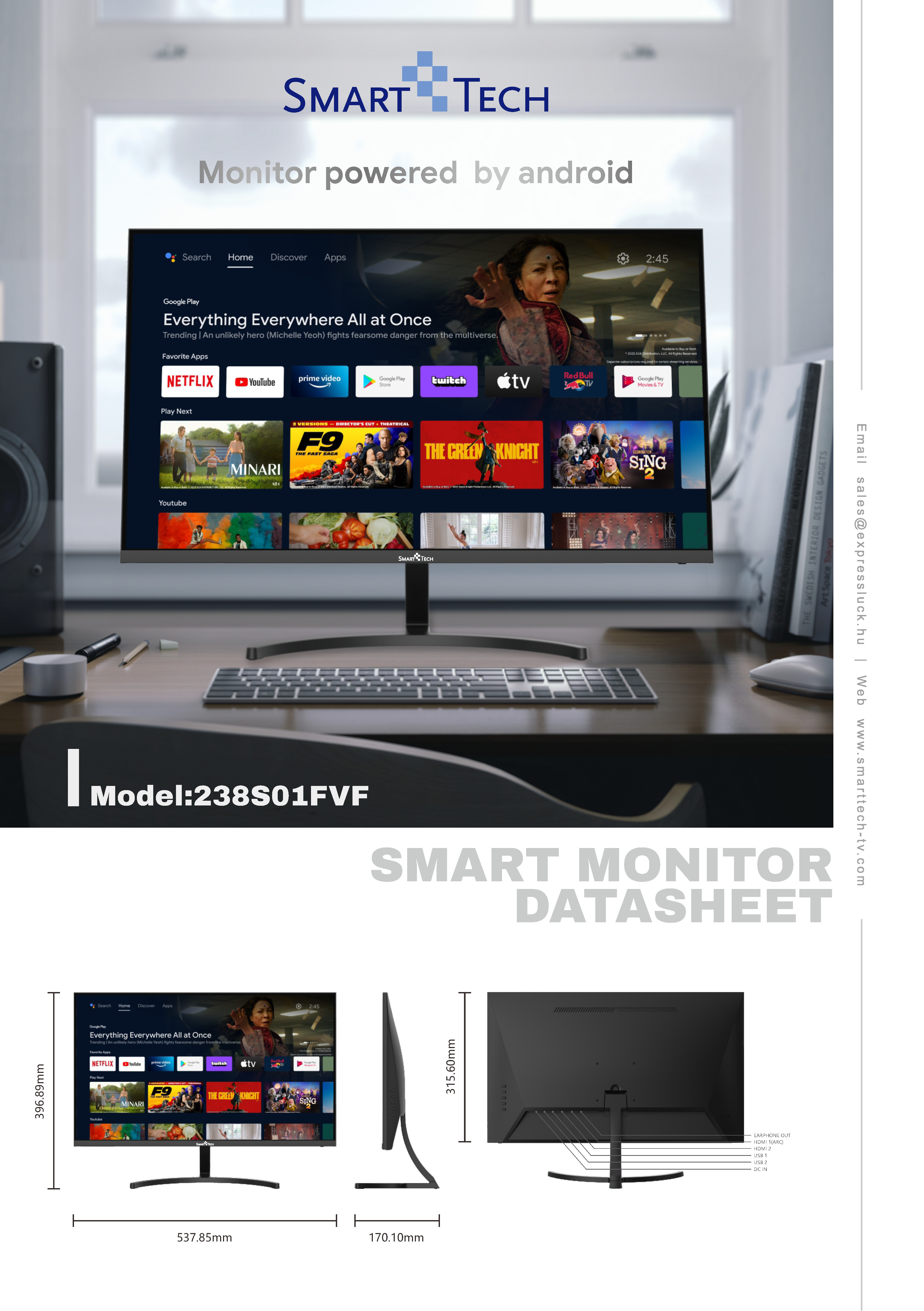 Smart Tech Ecran PC Smart Android 24 238S01FVF DALLE VA Netflix Youtube ...