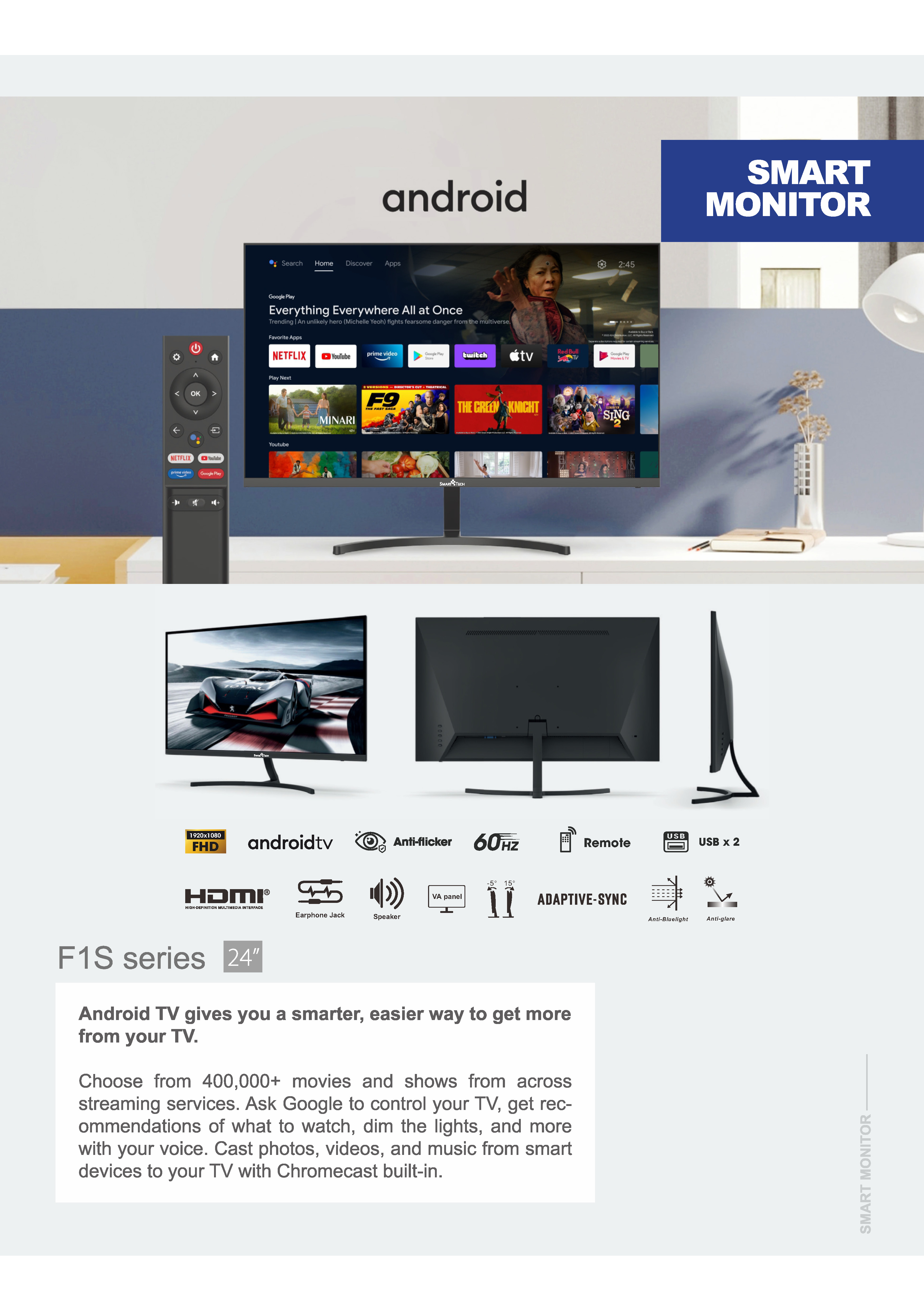 Smart Tech Ecran PC Smart Android 24 238S01FVF DALLE VA Netflix Youtube ...